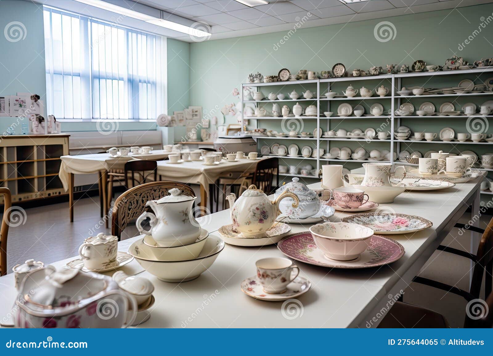 Table Setting with Teacups and Cake Stands in Bakery Classroom Stock ...