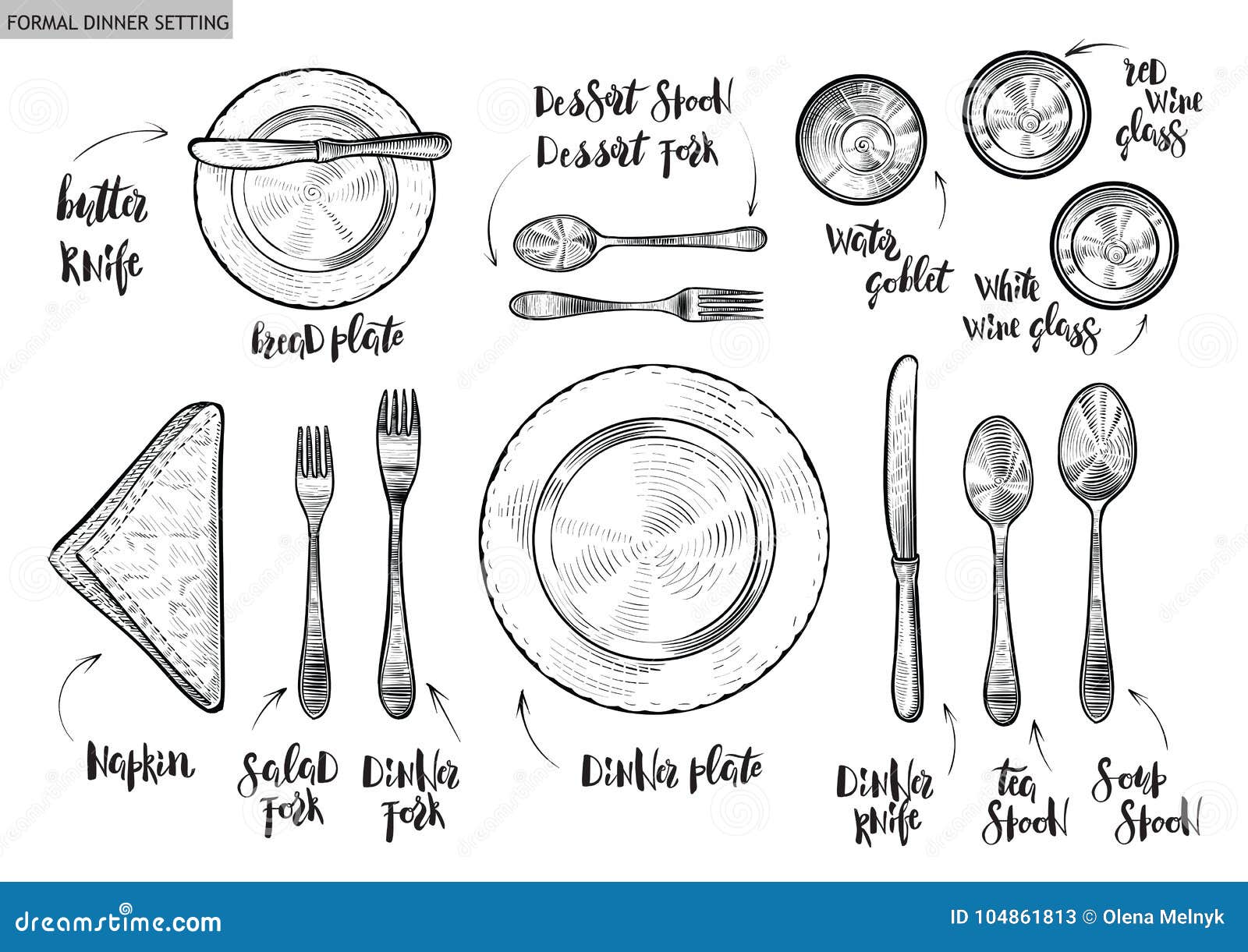 Table Setting, Top View. Vector Hand Drawn Illustrations with Original ... Table Setting, Top View. Vector Hand Drawn Illustrations with Original ...