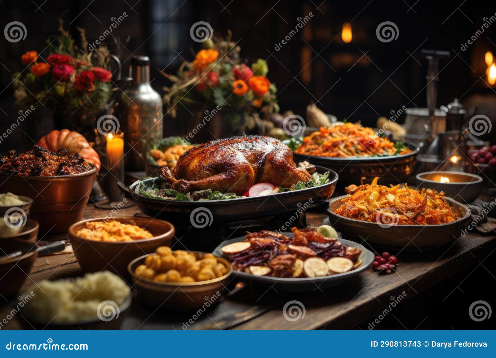 Table Setting for Traditional Thanksgiving Day. Turkey with Vegetables ...