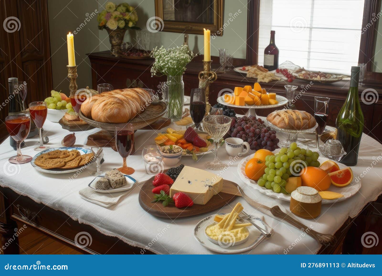 Table Setting with Various Types of Food and Drink, Including Pastries ...