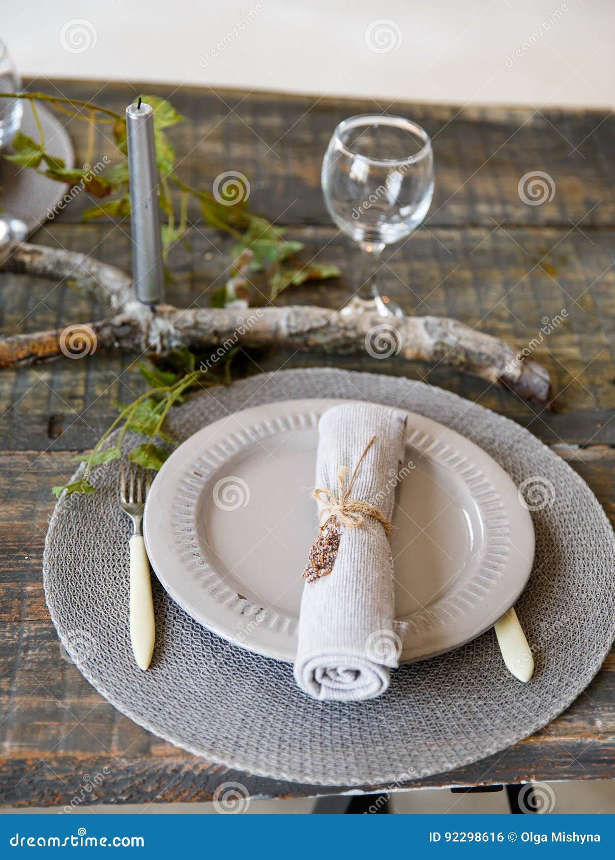 Table Setting in Vintage Rustic Style Stock Photo - Image of glass ...