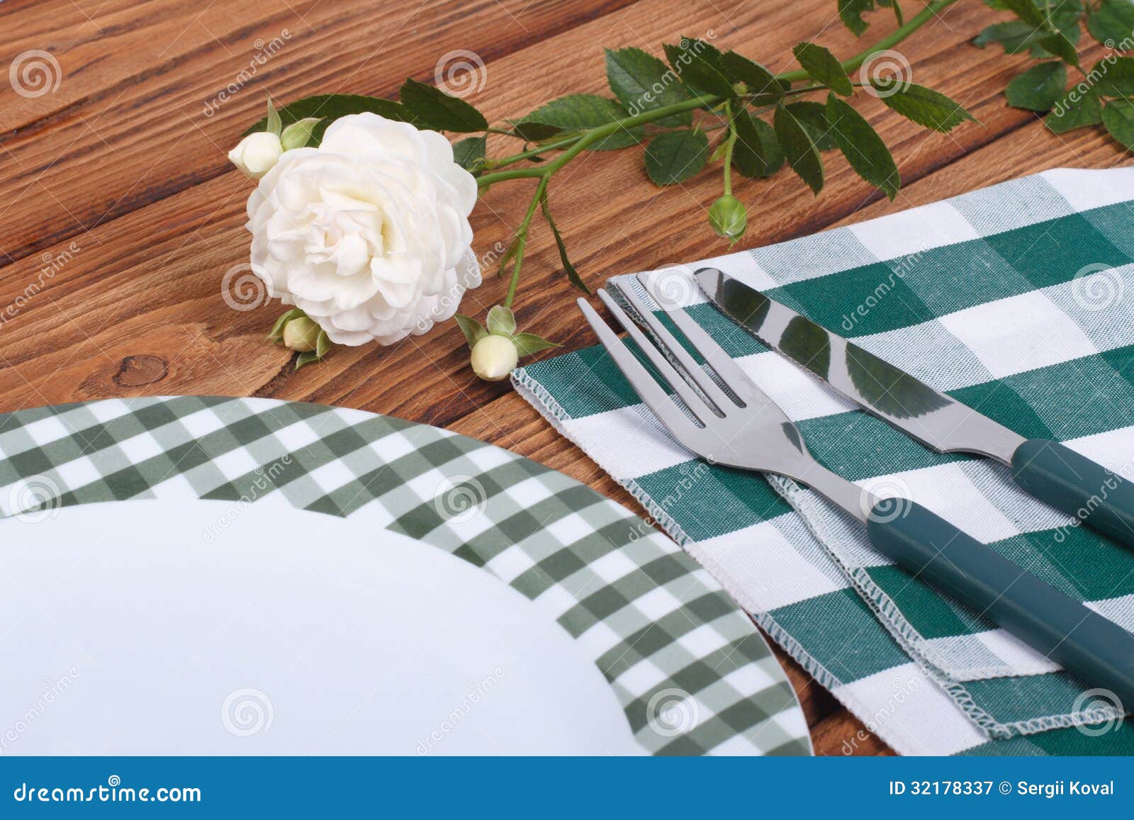 Table Setting with a White Rose Stock Image - Image of green, clean ...