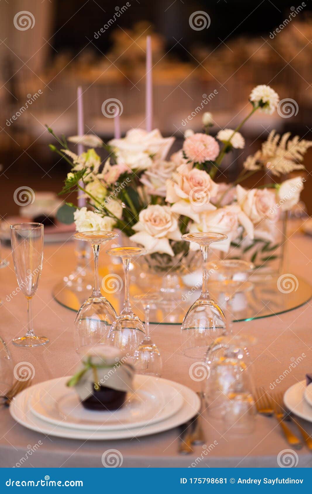 Table Setting with White Table Cloth with No Food Stock Image - Image ...
