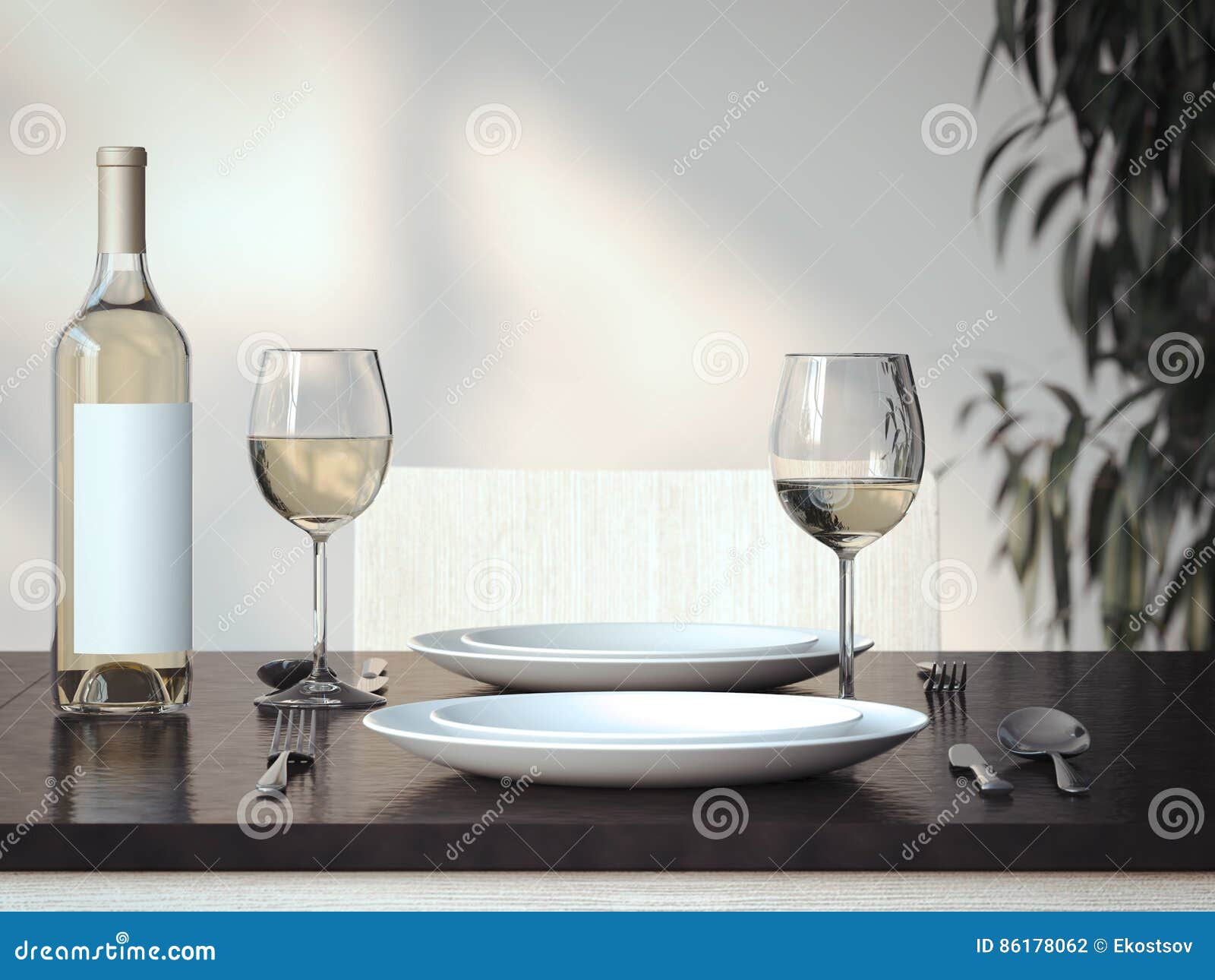 Table Setting with Wine and Two Glasses. 3d Rendering Stock ... Table Setting with Wine and Two Glasses. 3d Rendering Stock ...