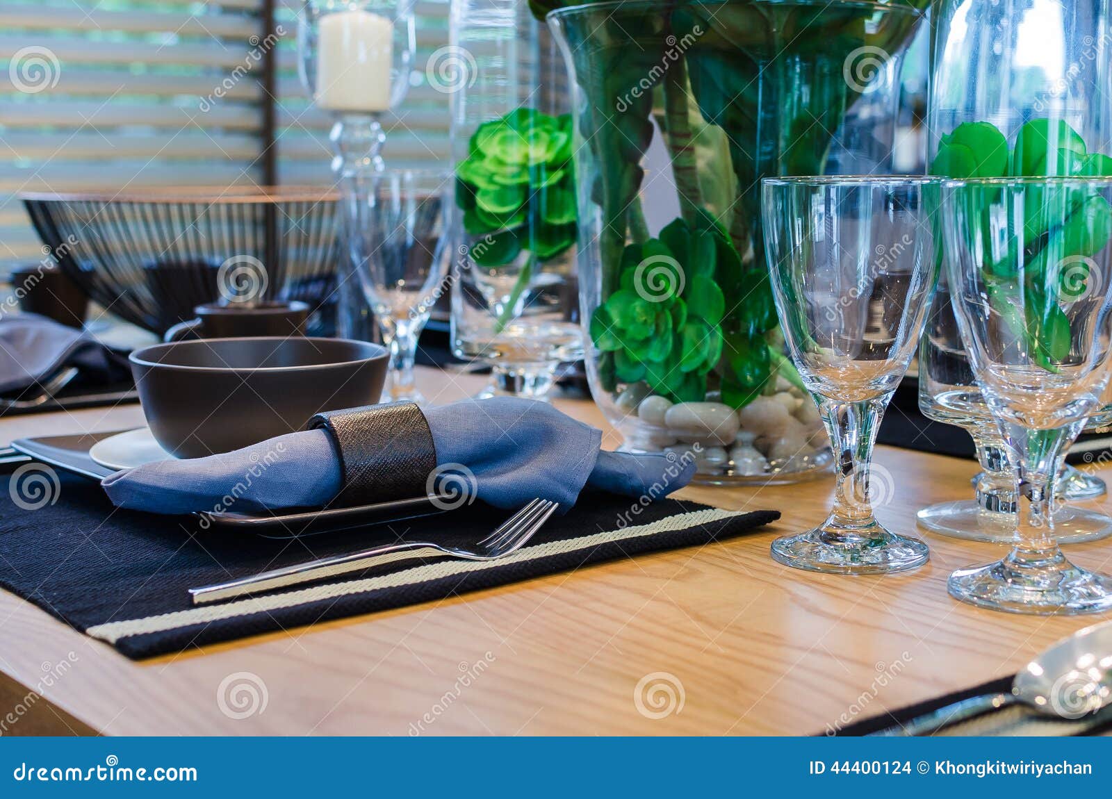 Table Setting on Wooden Table Stock Photo - Image of cloth, chairs ...