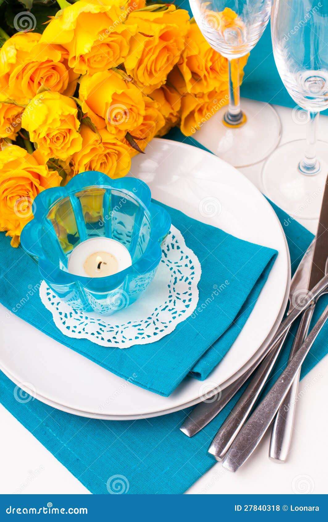 Table Setting with Yellow Roses Stock Photo - Image of candle, dishware ...
