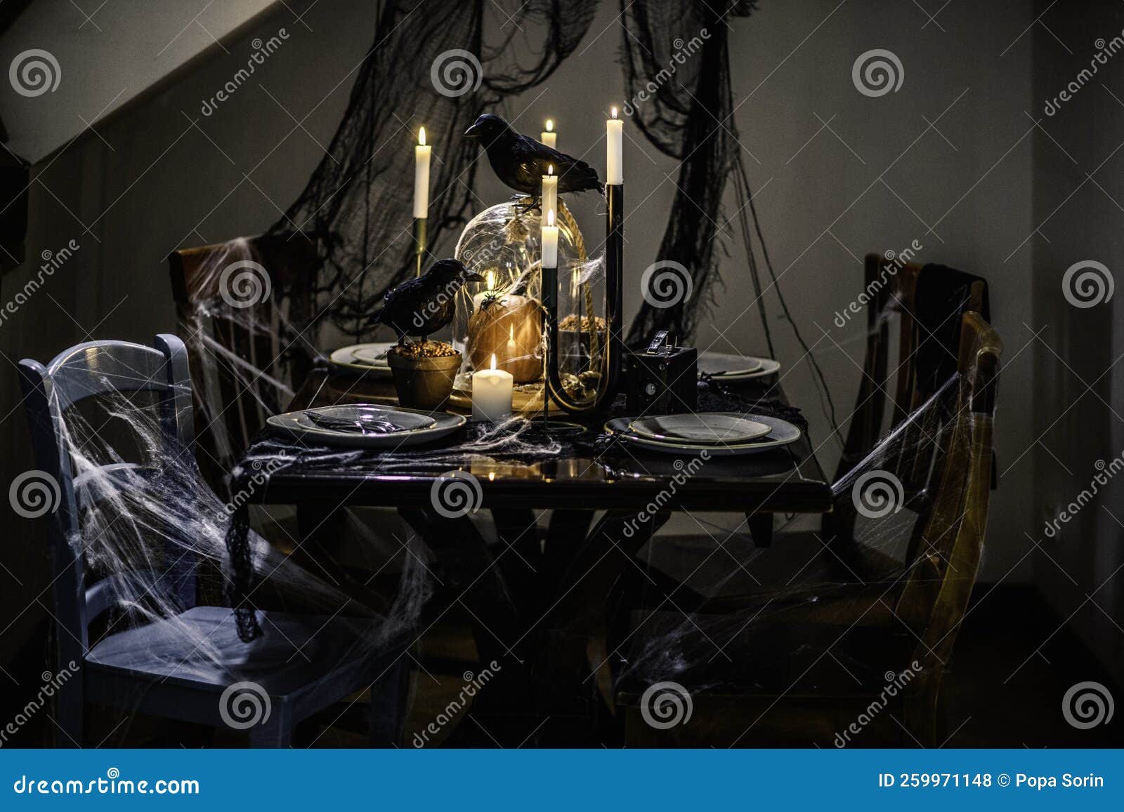 Table Setup for a Halloween Diner Stock Photo - Image of party, dark ...