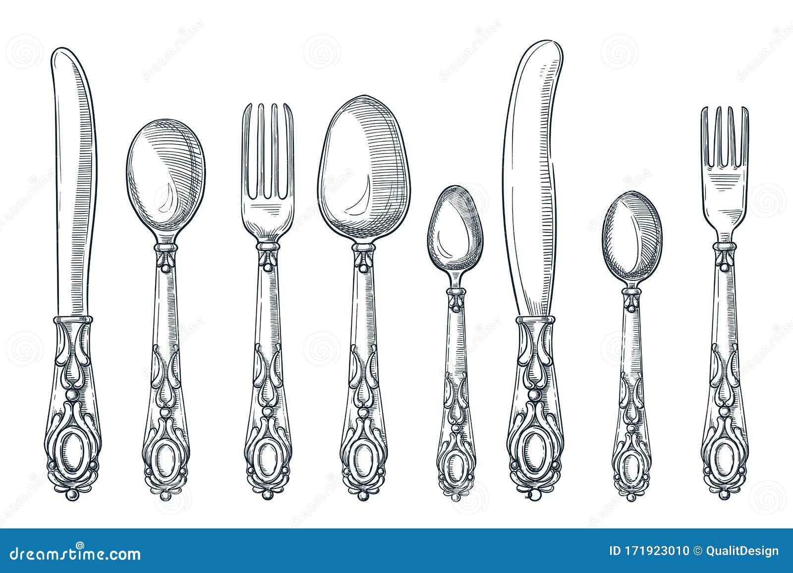 Vintage Cutlery Set. Outline Drawing Spoon, Fork And Knife. Cooking ...