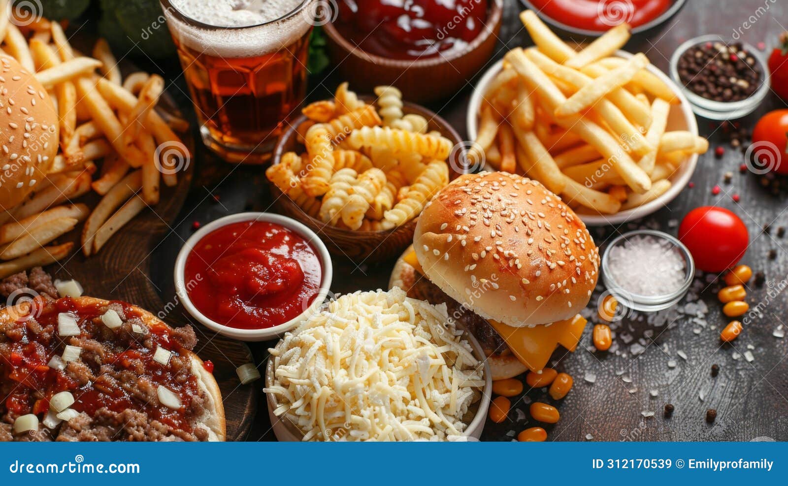 Cheeseburger Feast with Fries, Beer, and Condiments on Wooden Table ...