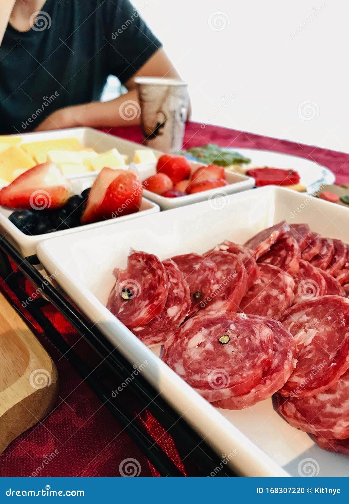 Table Spread of Pepperoni, Fruit, Cheese Plate for Holiday Dinner Stock ...