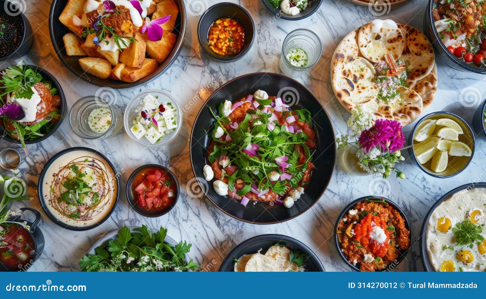 Table Spread with Various Foods Like Pita Bread and Chips Stock Photo ...