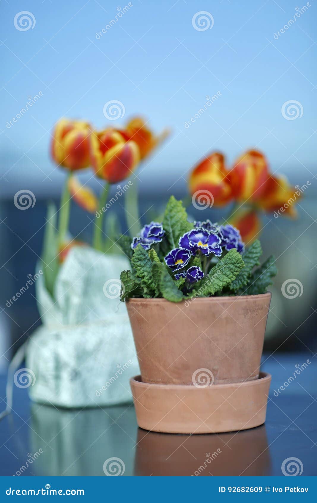 Table with spring flowers stock image. Image of setting - 92682609