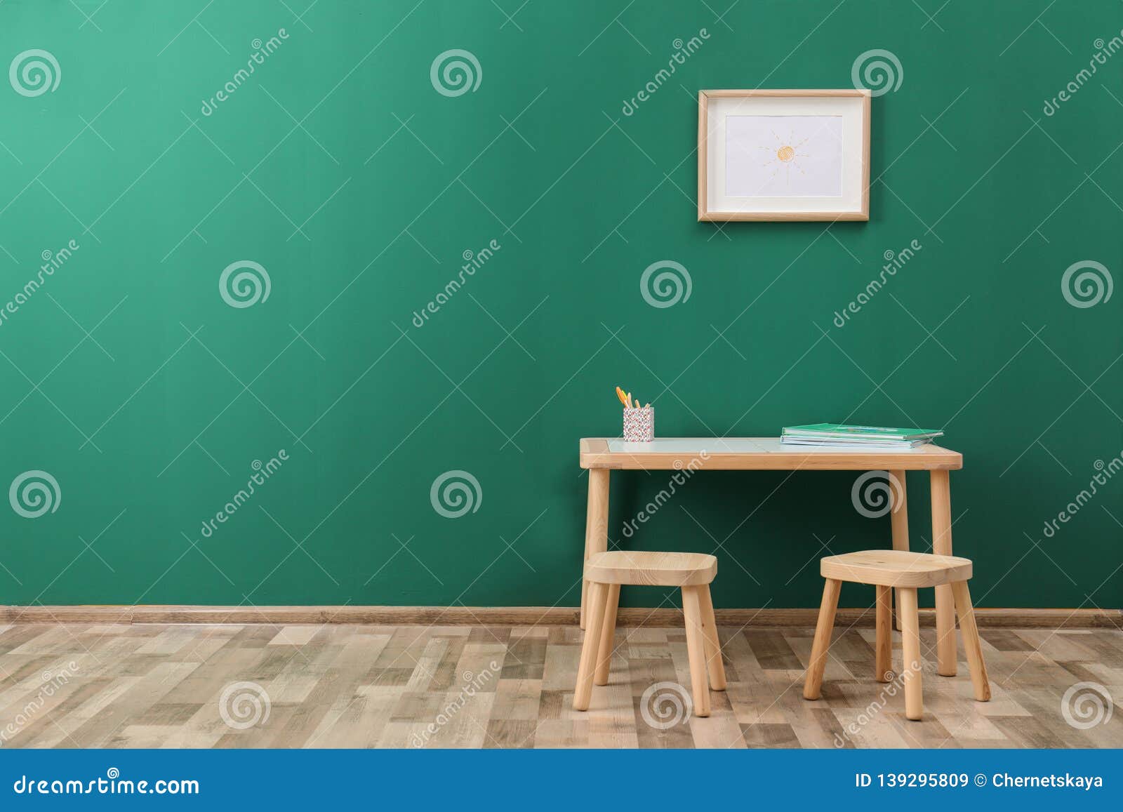 Table with Stools in Modern Child Room. Stock Image - Image of flat ...