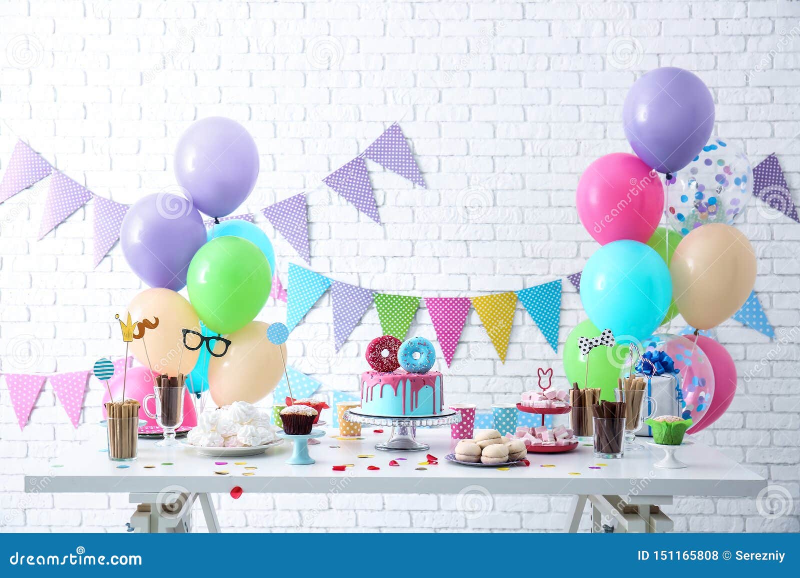 Table with Sweets Prepared for Birthday Party Stock Photo - Image of ...