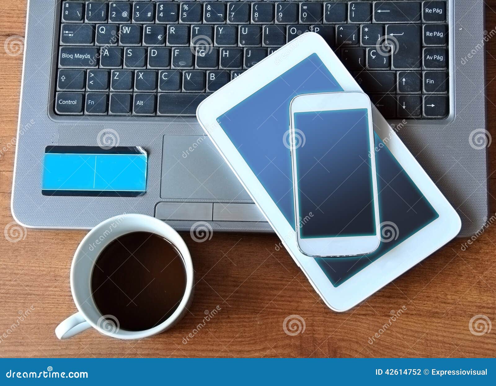 Table with Tablet, Phone and PC Stock Photo - Image of computer ...
