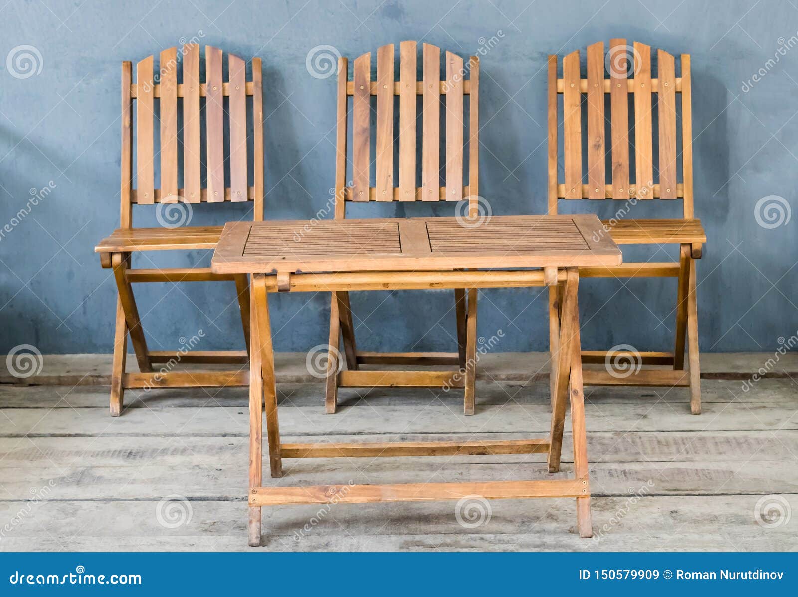 Table and Three Wooden Chairs Stock Image - Image of home, decor: 150579909