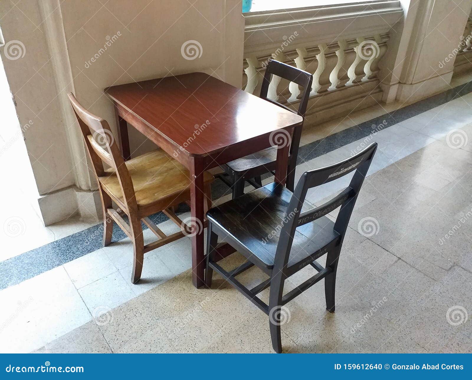 Table with Three Chairs. Work Places. Stock Photo - Image of ...