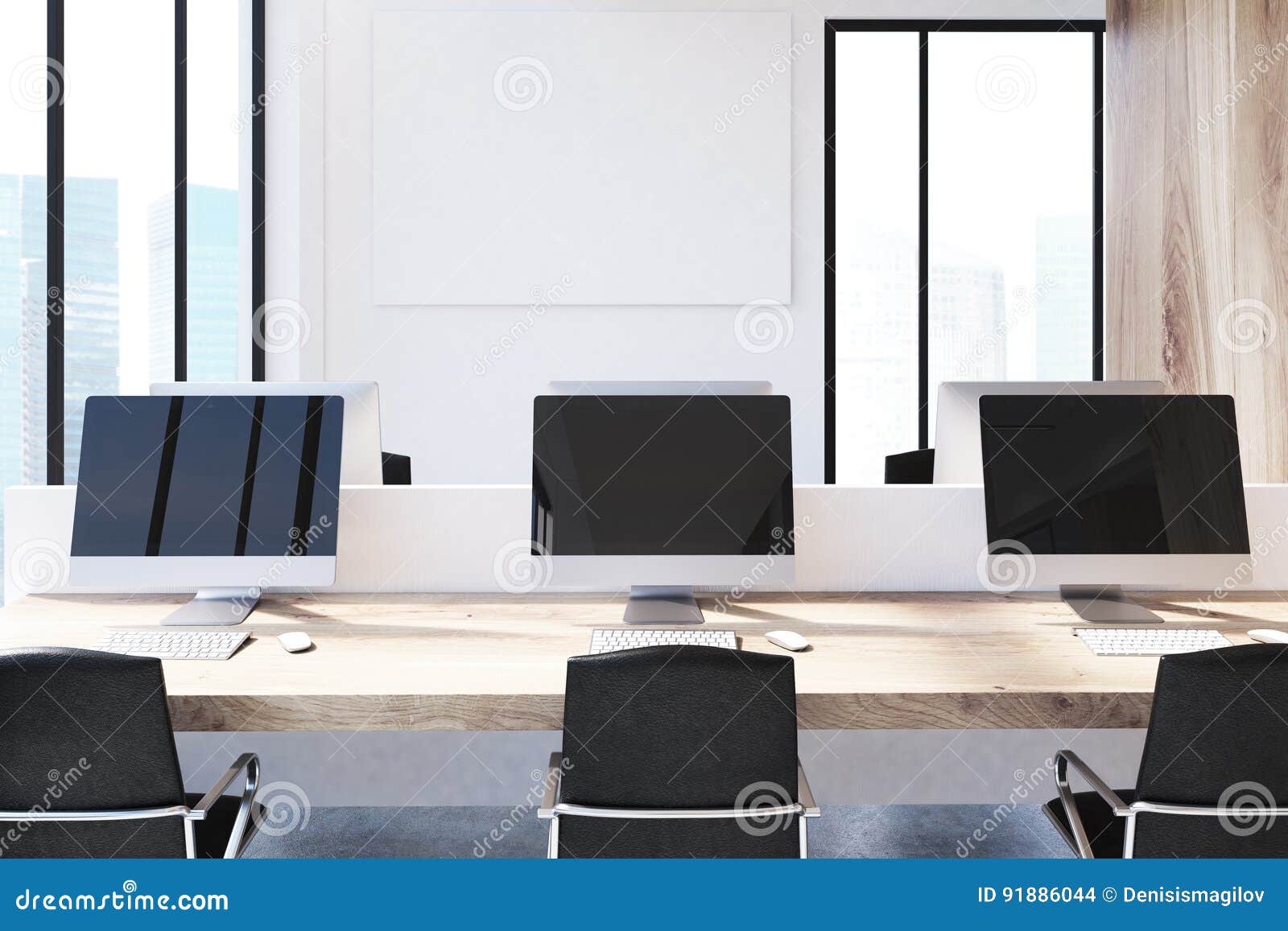 Table with Three Computer Monitors Stock Illustration - Illustration of ...