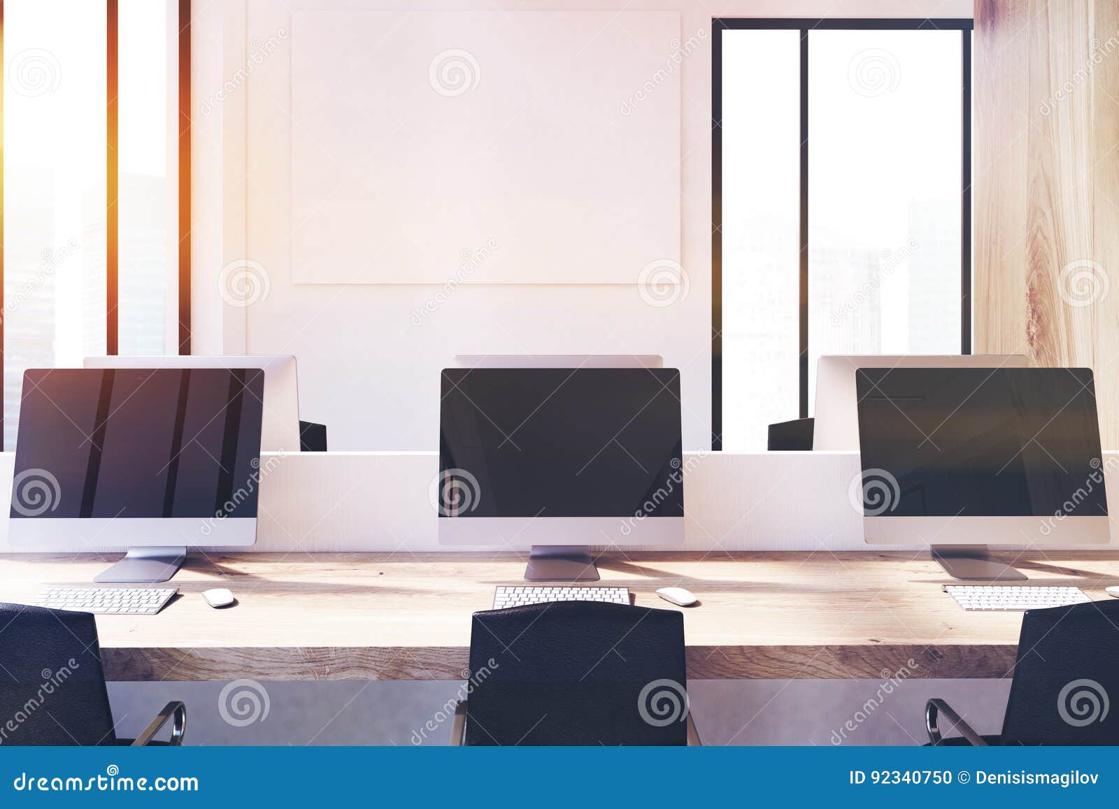 Table with Three Computer Monitors, Toned Stock Illustration ...
