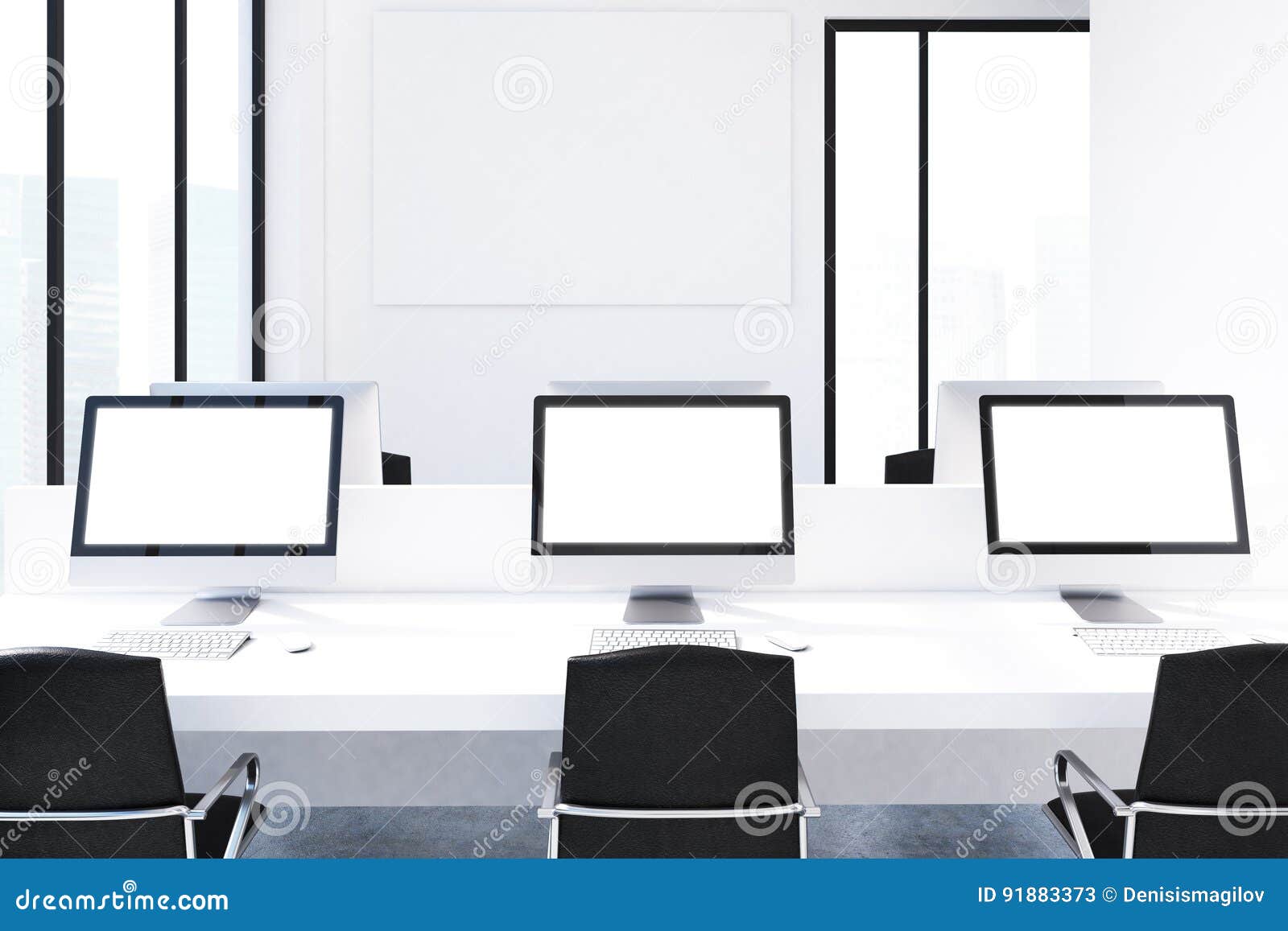 Table with Three White Computer Monitors Stock Illustration ...