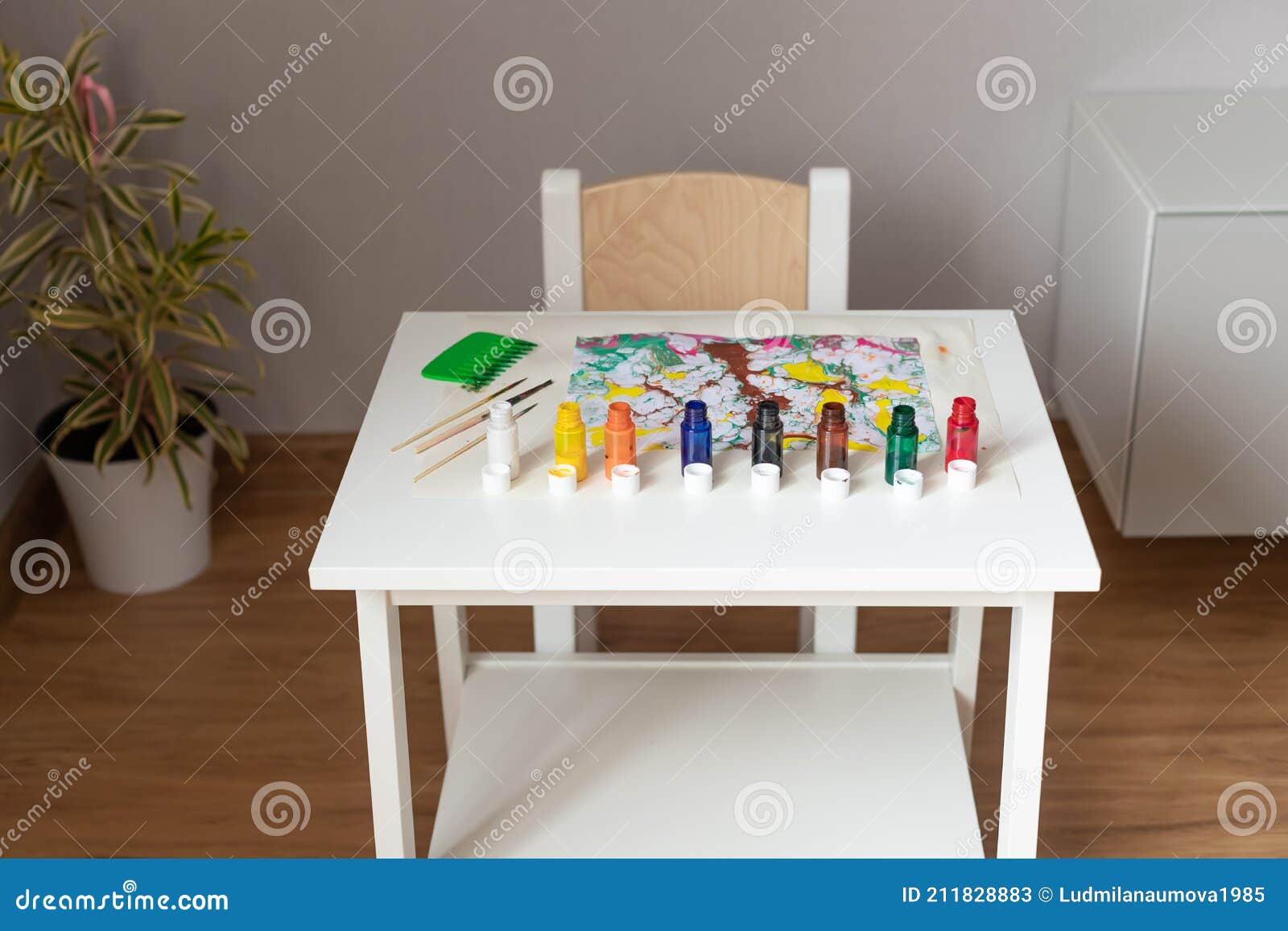 Table with Tools and Accessories for Drawing in Ebru Technique Stock ...