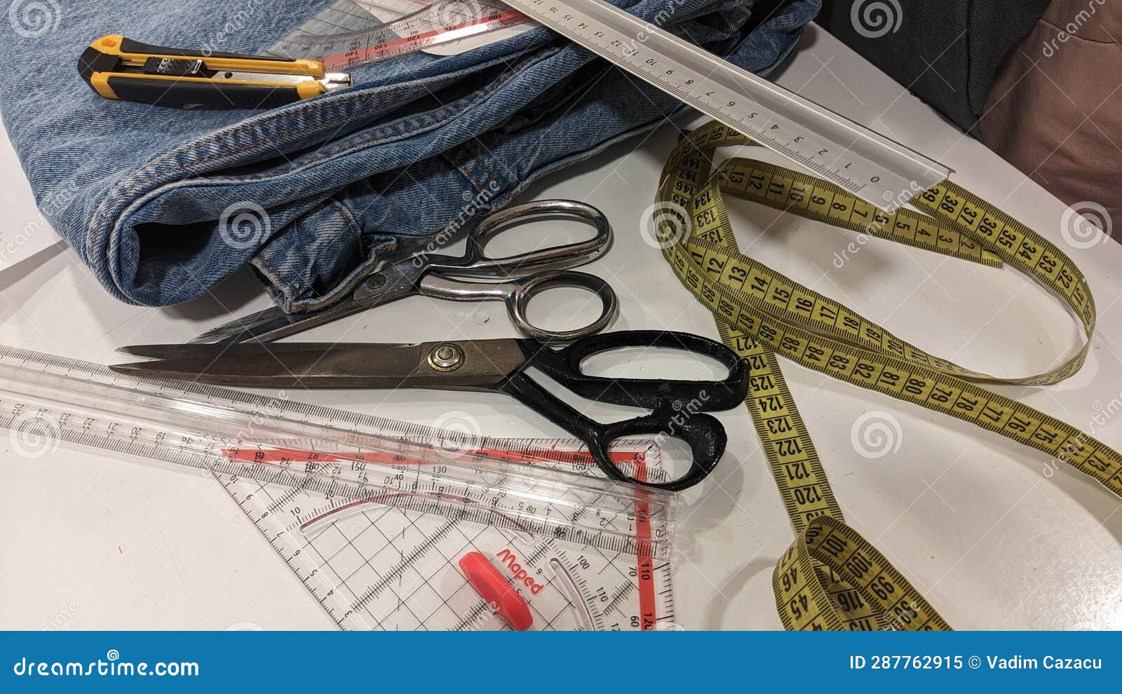 Tailoring Tools: Jeans, Ruler, Scissors, Knife, Blade and Jeans Stock ...