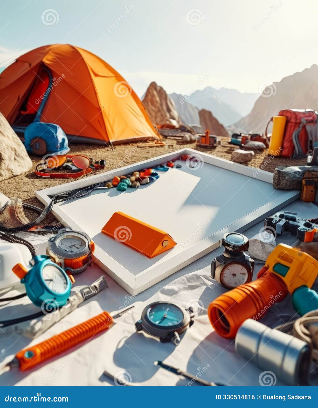 Table with tools and tent stock illustration. Illustration of touristic ...