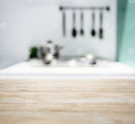 Table Top with Blurred Kitchen Counter Home Interior Background Stock ...