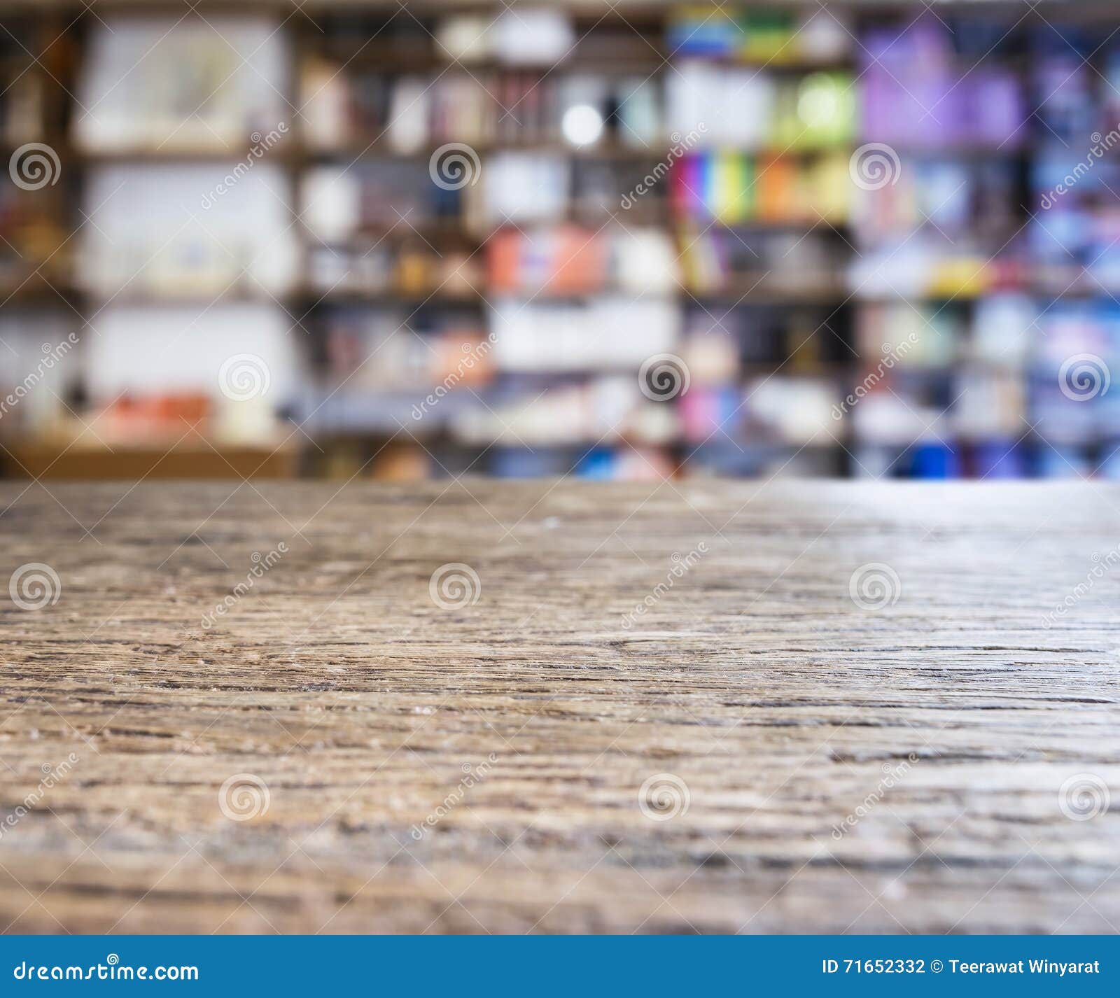 Table Top Counter with Blurred Bookshelf Bookshop Background Stock ...