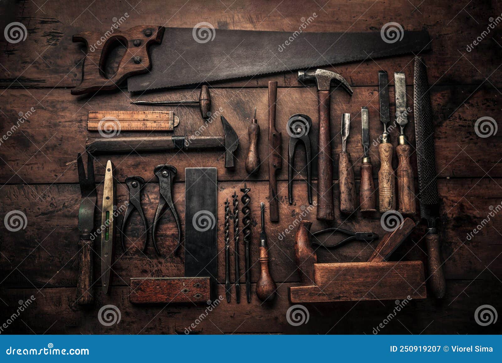 Table Top View of Carpenter Workbench Full of Old Rusty Tools Stock ...