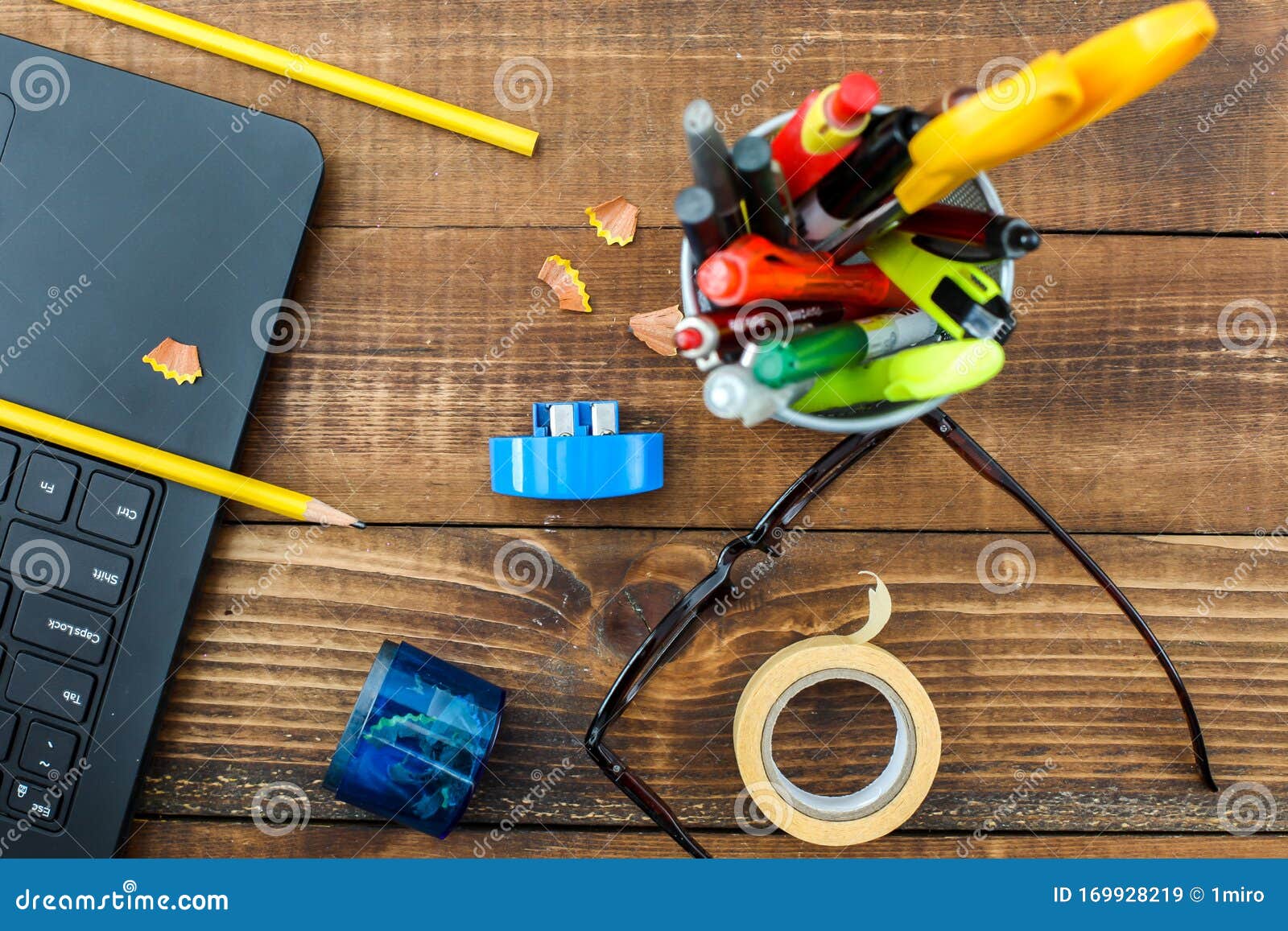 Table Top View with Home Office Objects Stock Image - Image of computer ...