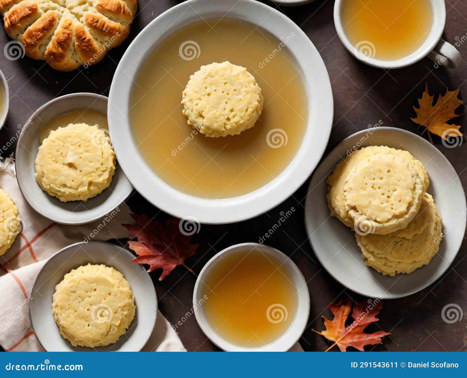 A Table Topped with Bowls of Soup and Small Plates of Biscuits ...