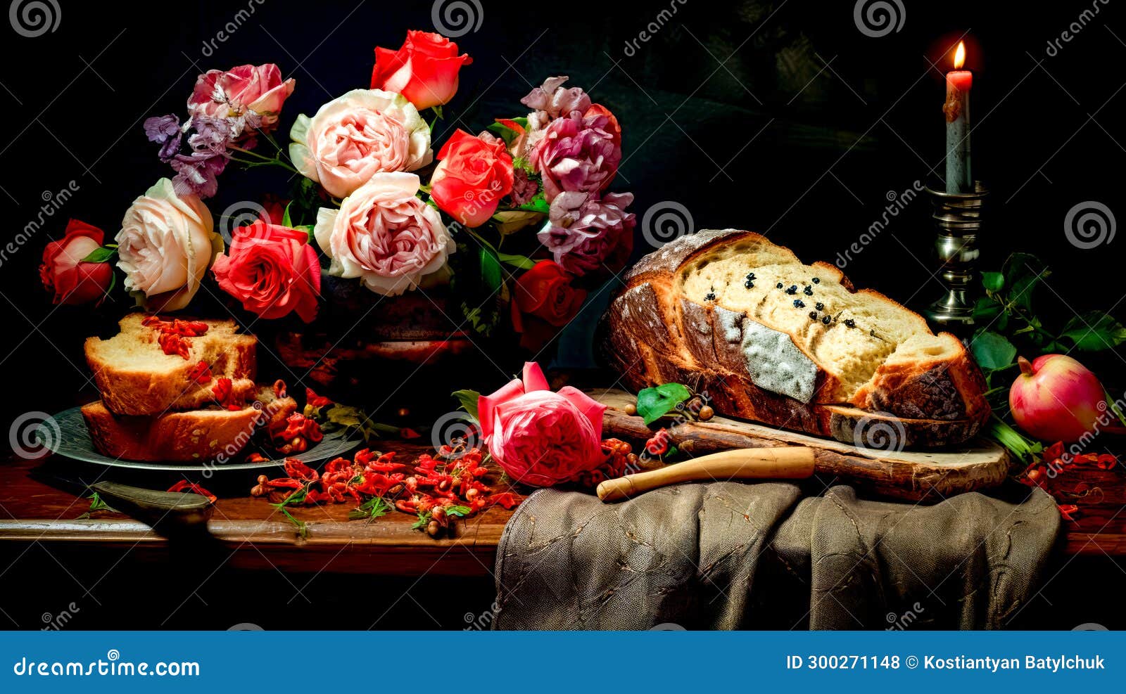Table Topped with Loaf of Bread Next To Vase Filled with Flowers ...