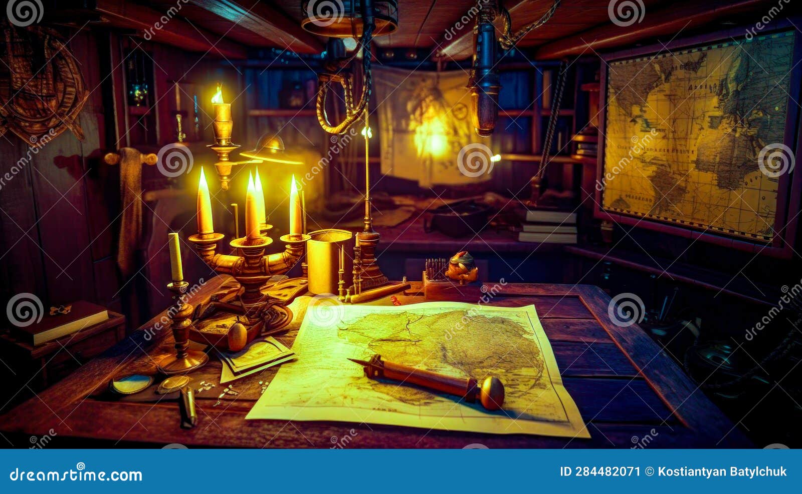 Table Topped with Lots of Candles Next To Map and Pen. Generative AI ...