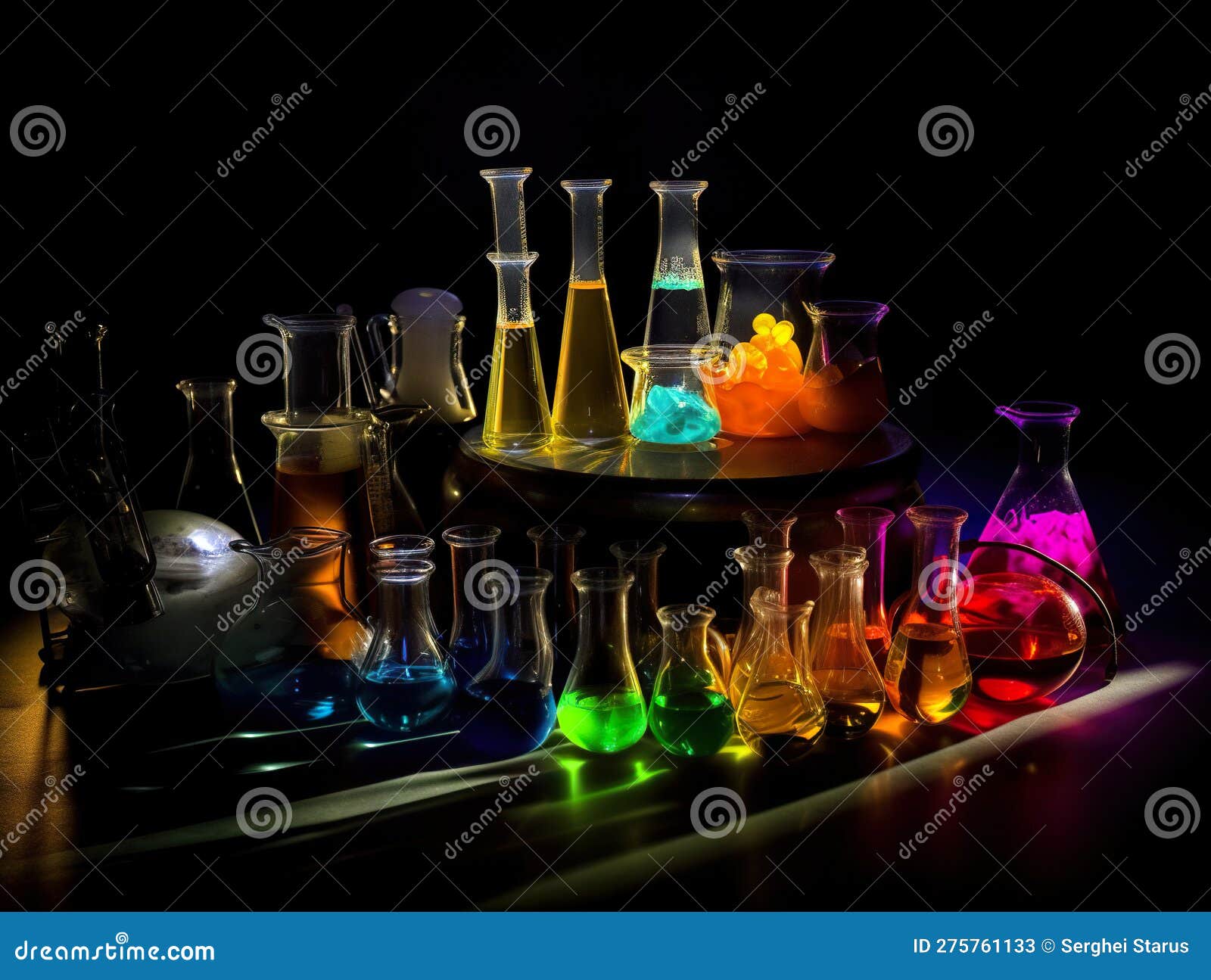 A Table Topped with Lots of Different Colored Flasks. AI Generative ...
