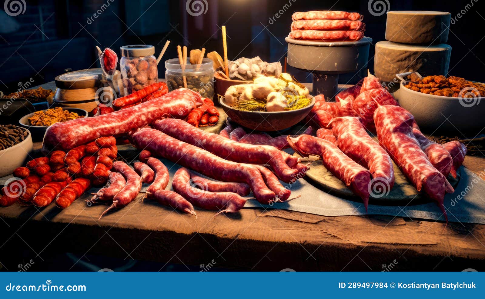 Table Topped with Lots of Different Types of Sausages and Meats ...