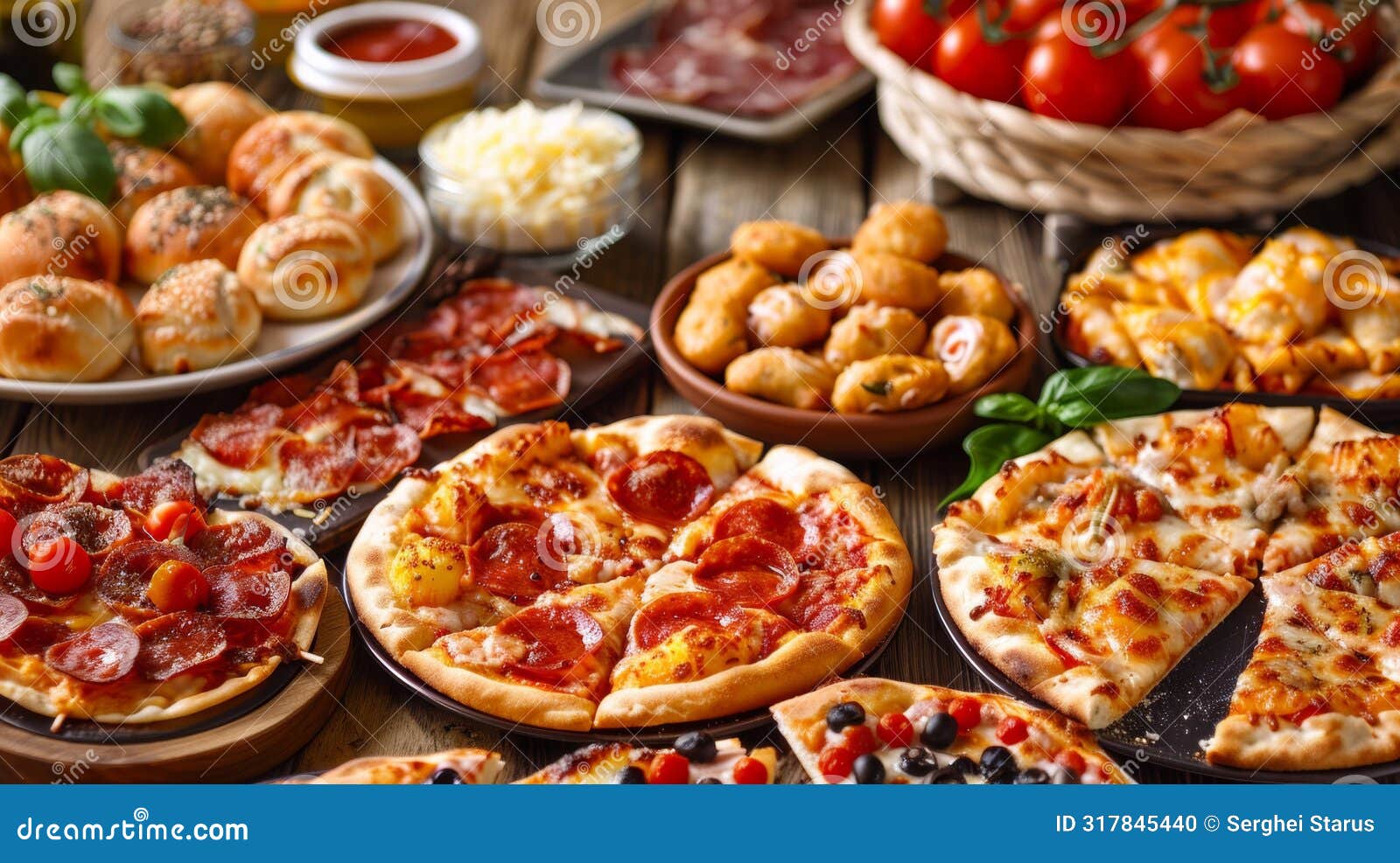 A Table Topped with Many Different Types of Pizzas and Other Foods, AI ...