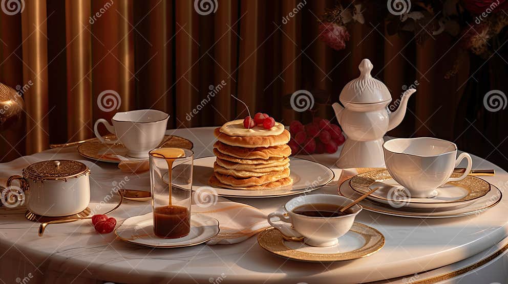 A Table Topped with Pancakes and Cups of Coffee Stock Illustration ...