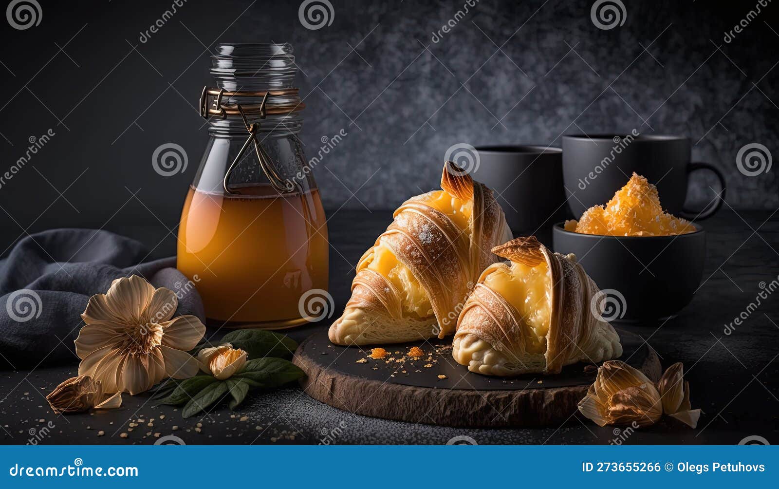 A Table Topped with Pastries and a Bottle of Honey Stock Illustration ...