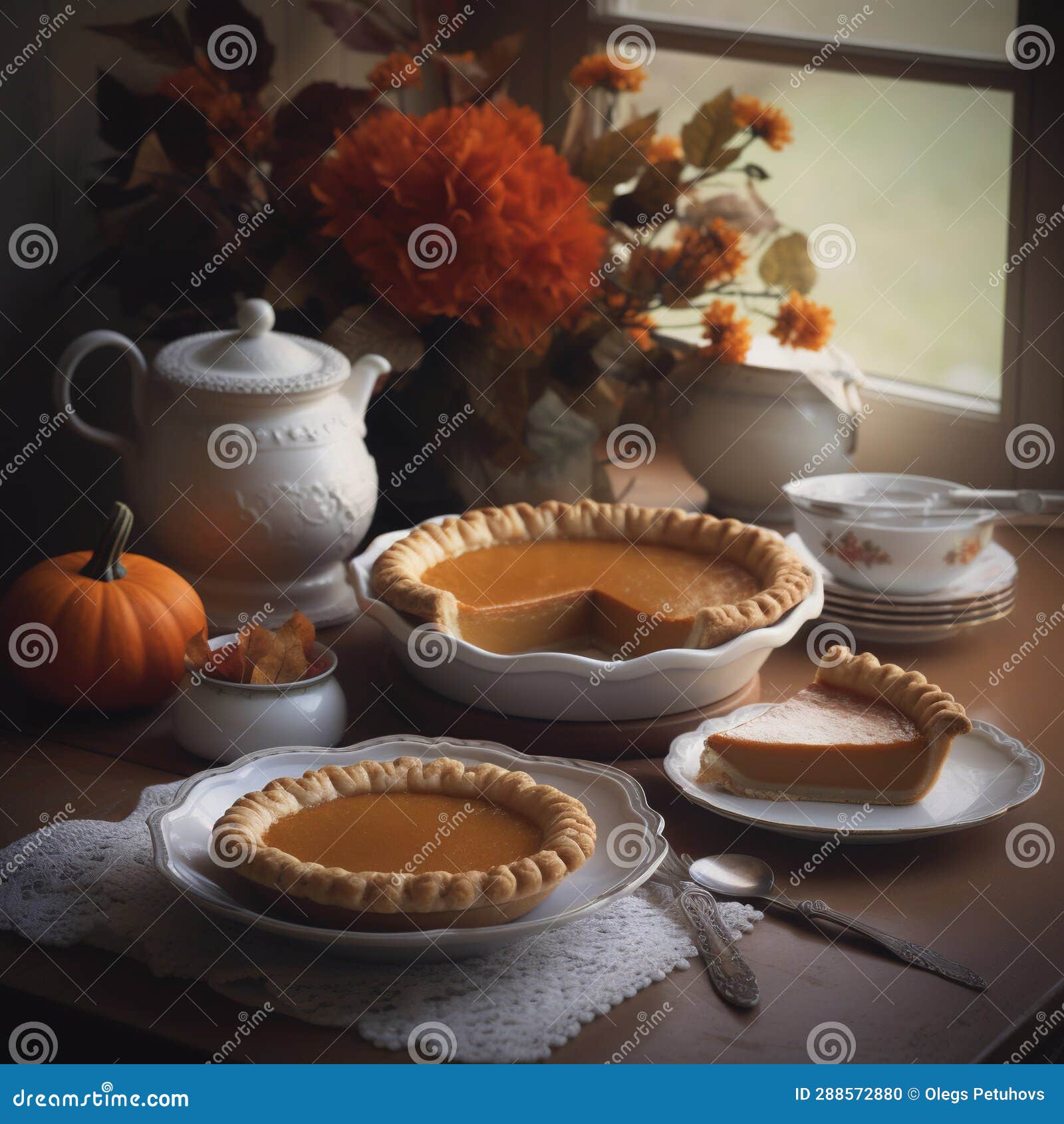 A Table Topped with Pies Next To a Vase of Flowers Stock Photo - Image ...