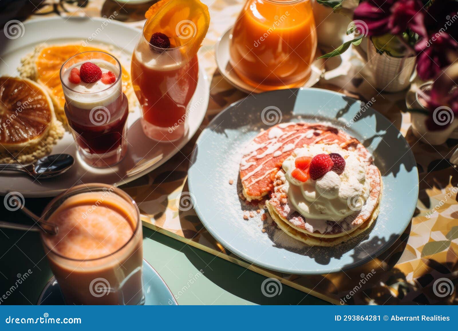 A Table Topped with Plates of Food and Drinks Stock Illustration ...