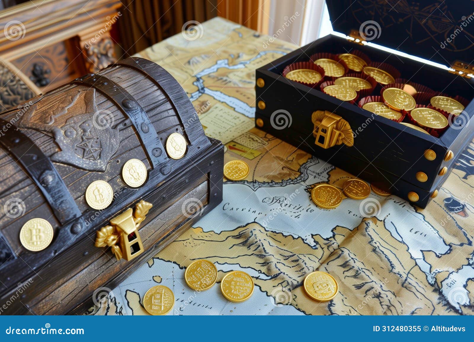 Table with a Treasure Chest for Cards, Gold Coin Chocolates, and a Map ...