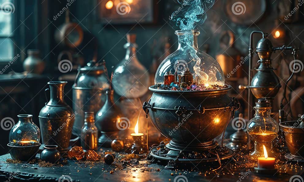 A Table with Various Items on it, Including a Cauldron with a Candle ...