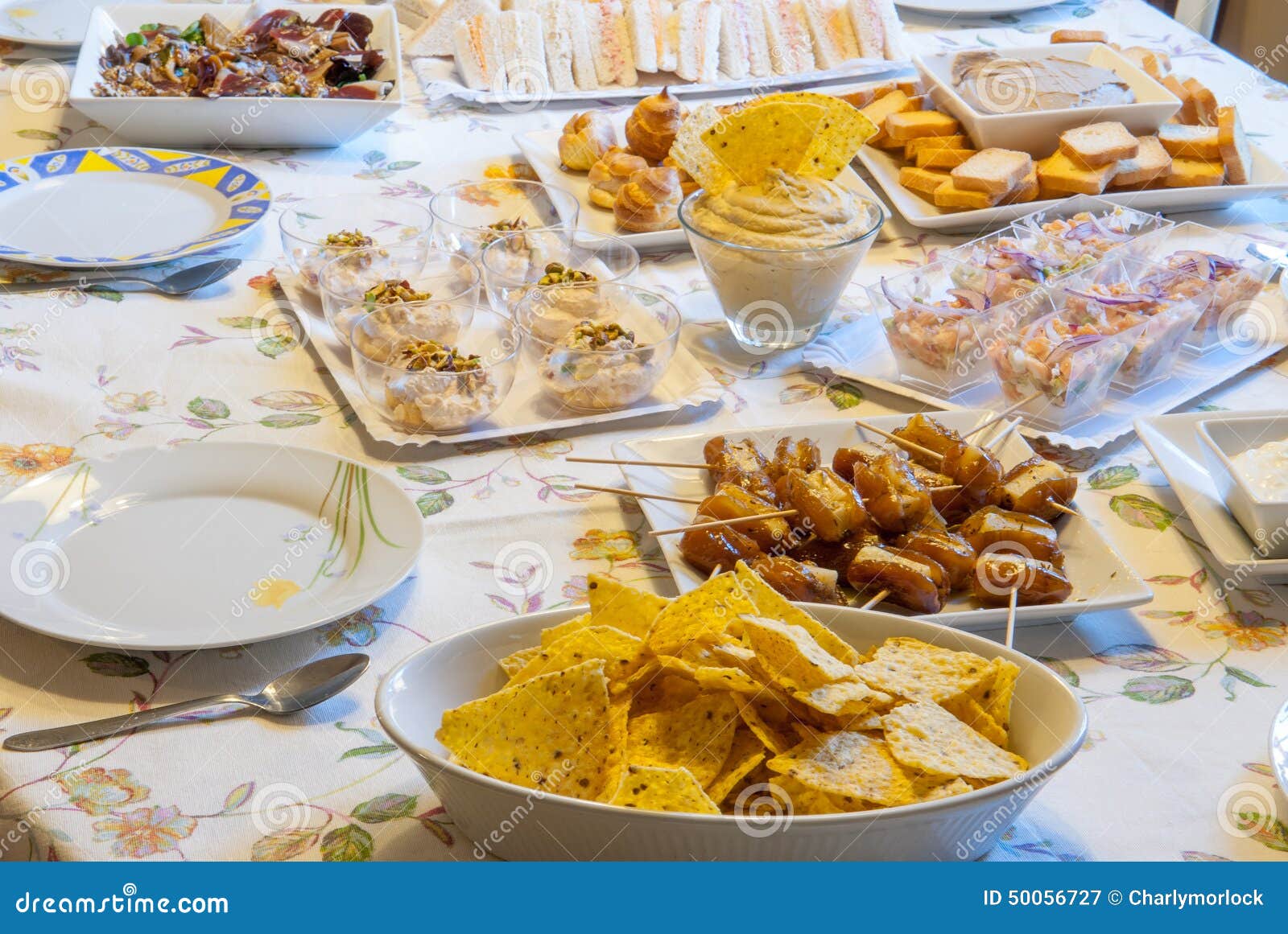 Table with Various Snacks Ready for Family Meal Stock Image - Image of ...