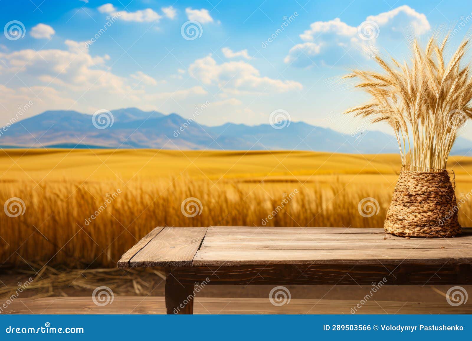 Table with Vase of Flowers on it and Wheat Field in the Background ...