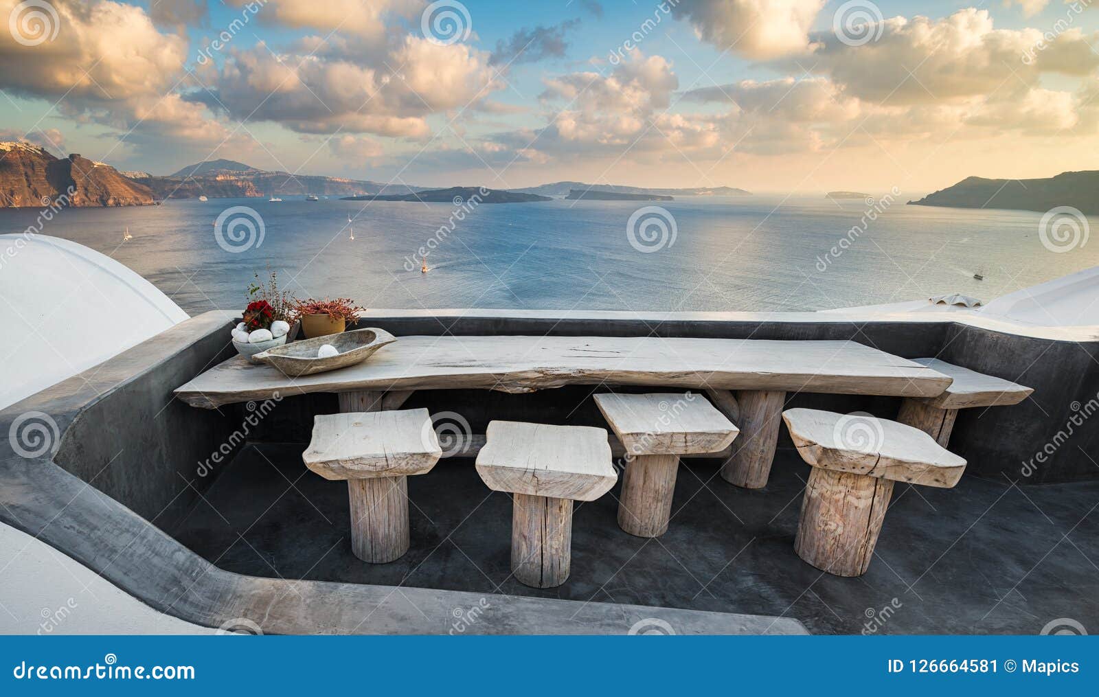 Table with View in Santorini, Greece Stock Image - Image of panorama ...