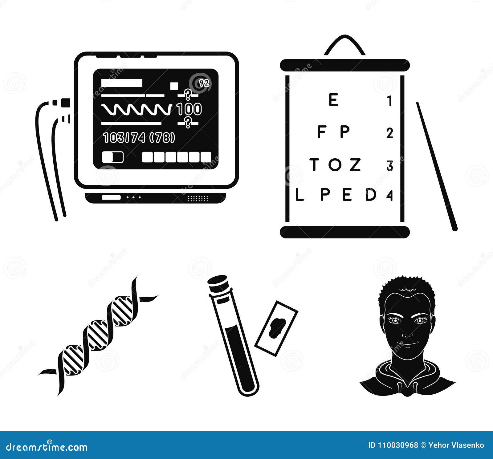 A Table Of Vision Tests, A Blood Test, A DNA Code, An ECG Apparatus ...