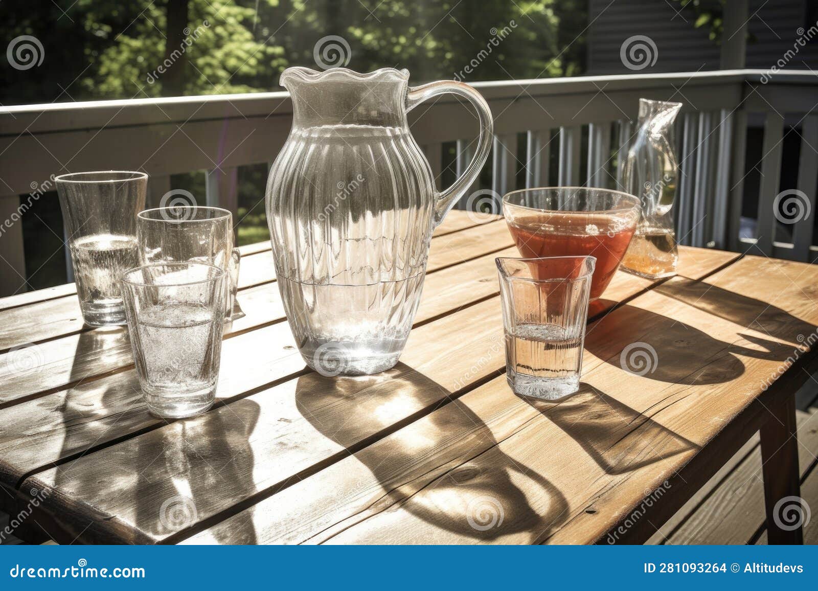 Table with Water Pitcher and Glasses on a Sunlit Deck Stock ...