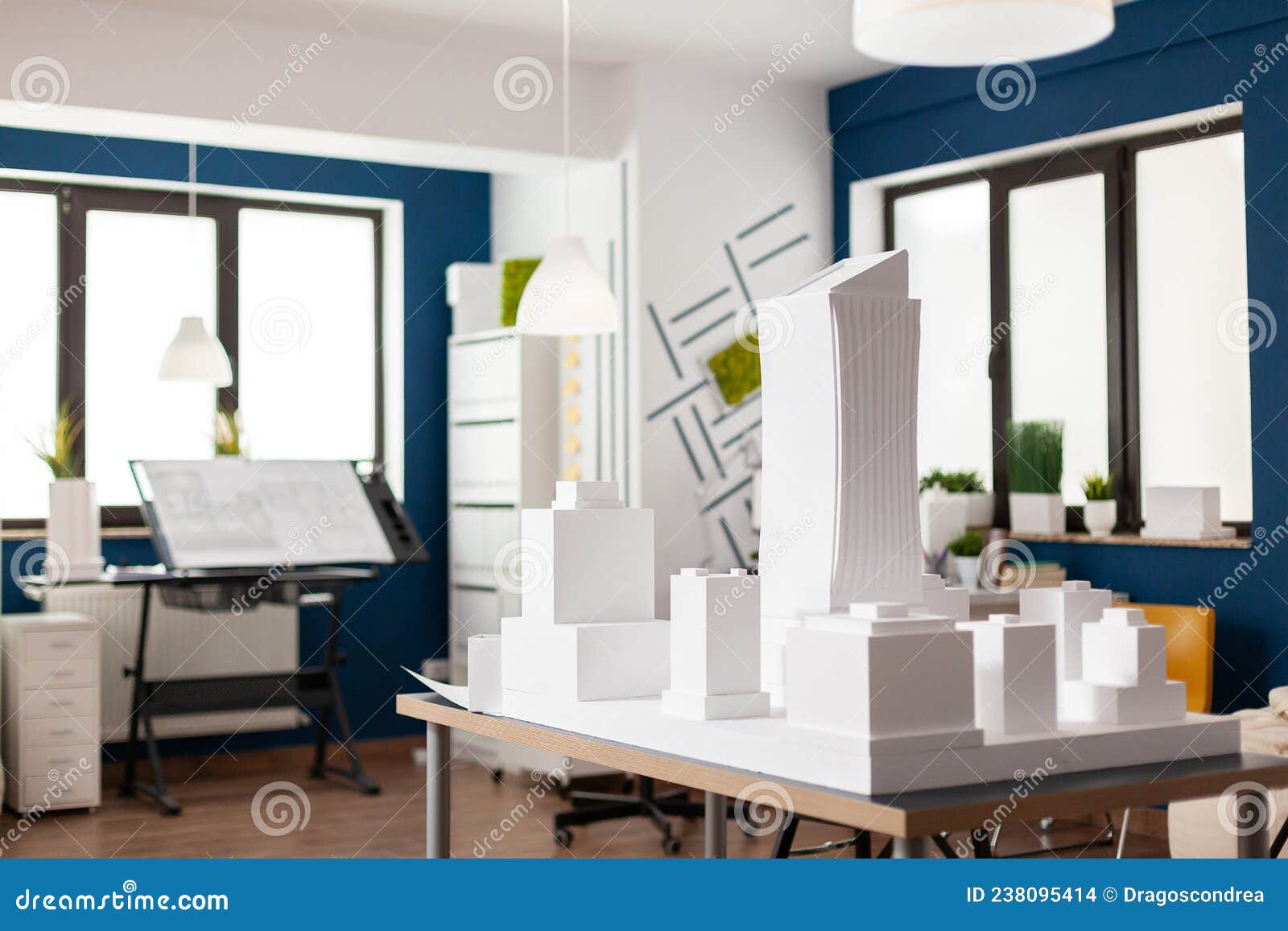 Table with White Architectural Scale Foam Model of Building Complex ...