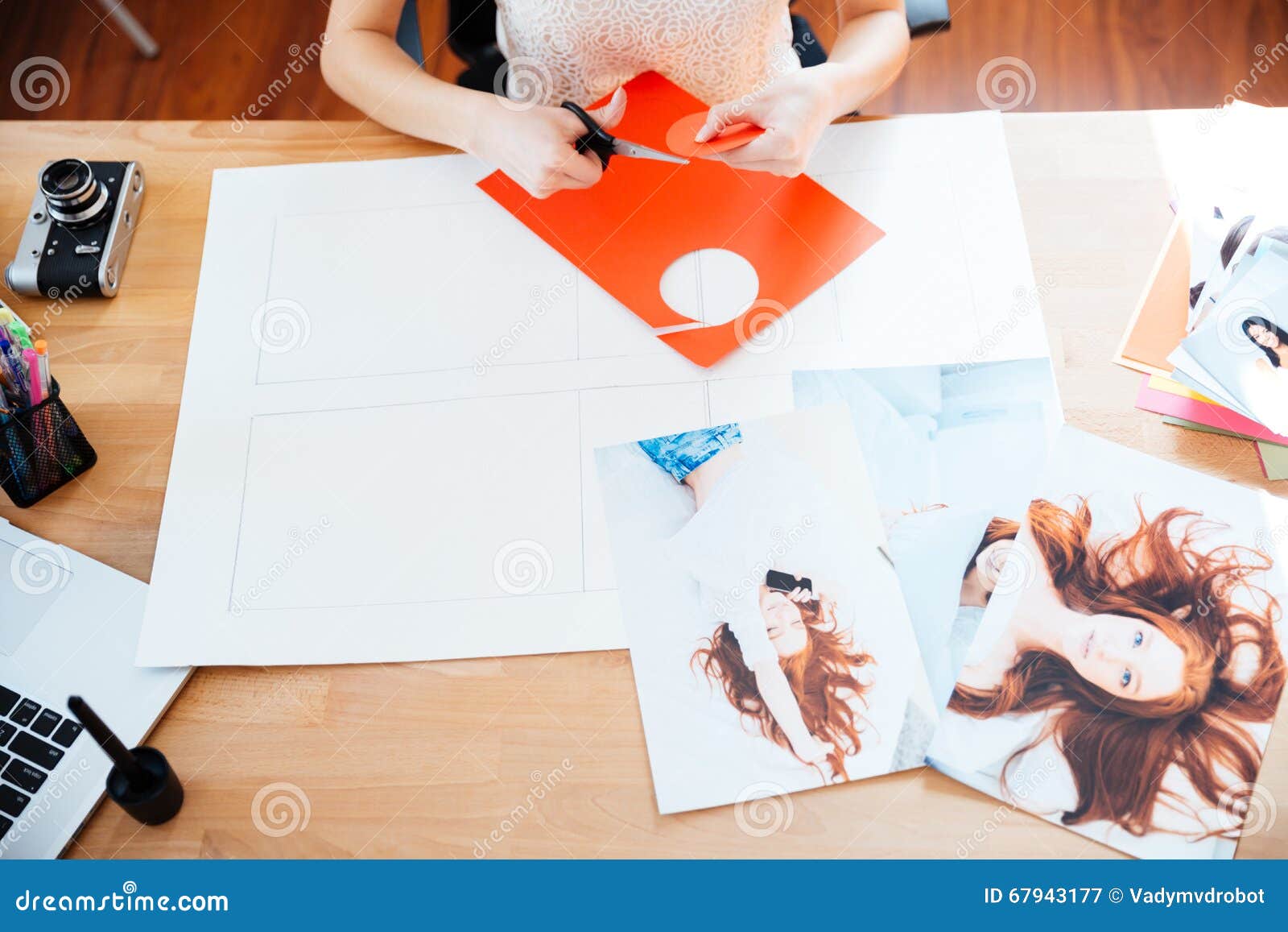 Table of Woman Photographer Making Collage with Photos Stock Image ...